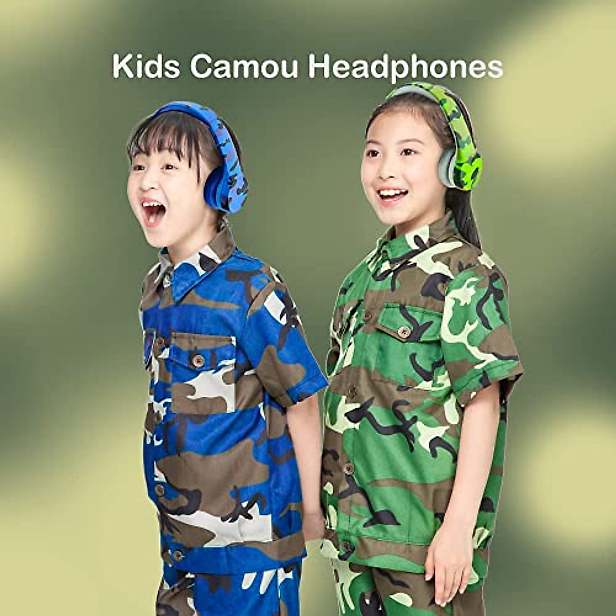 YUSONIC Kids Headphones with Graphic Design, Two Audio Port for Sharing 85 db Toddler Headphones for Kids with mic Boys Girls Baby Children Toddlers School Travel use (camo Blue)