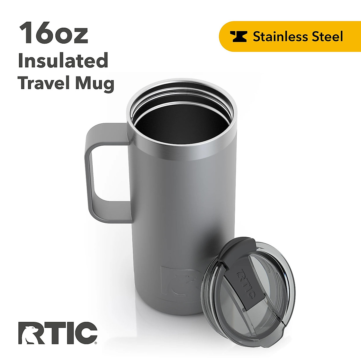 RTIC Travel Mug with Handle, 16 oz, Graphite, Portable Thermal Camping Cup, Vacuum-Insulated with Lid, Stainless Steel, Sweat Proof, Keeps Hot & Cold Longer