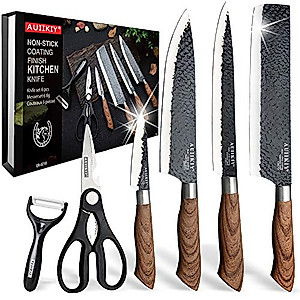6 Pieces Professional Kitchen Knives Set With Giftbox, High Carbon Stainless Steel Forged Kitchen Knife Set, Sharp Chef Knife Set For Chef Cooking Paring Cutting Slicing (High Carbon Black)