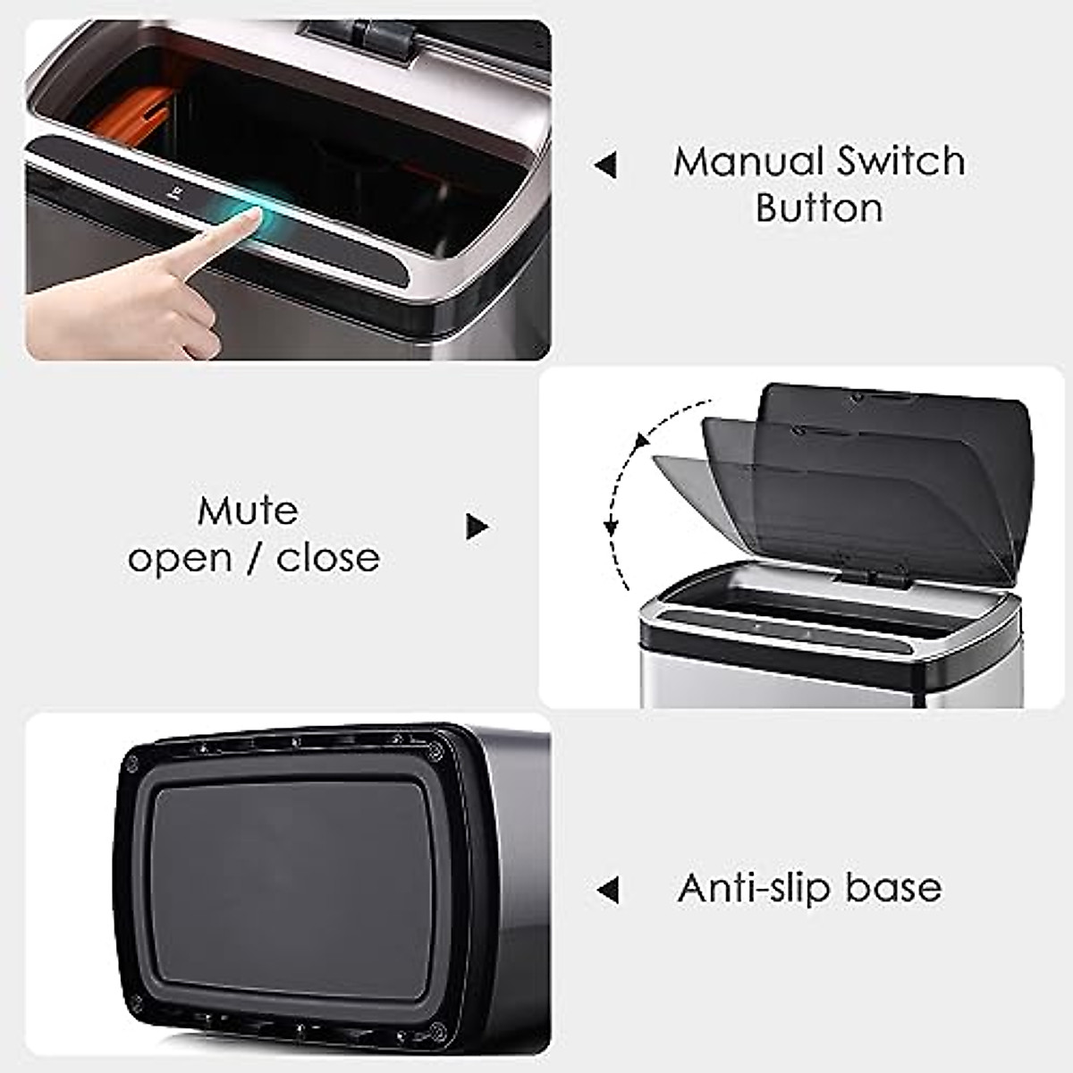 ELPHECO 50 Liter / 13.2 Gallon Rectangular Kitchen Trash Can, Brushed Stainless Steel Finish Motion Sensor Trash Can, Automatic Trash can for Kitchen, Living Room, Office, 3 AA Batteries (Excluded)