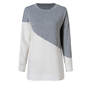 Bunanphy Womens Pullover Crew Neck Color Block Long Sleeve Side Split Casual Sweatshirt Tops Shirts Grey#C Medium