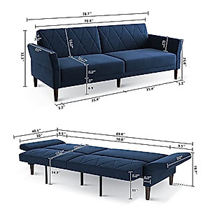HONBAY Convertible Futon Bed Velvet Sleeper Sofa Tufted Couch Bed with Adjustable Armrests for Apartment, Blue