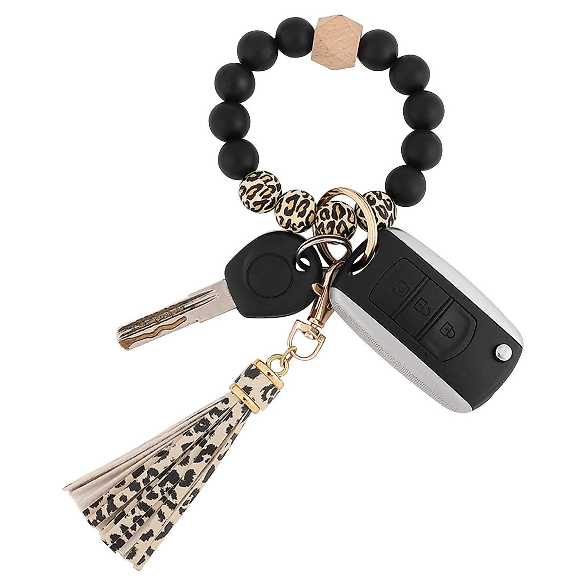 BAOSIWA Women Silicone Bracelet Keychain Wristlet Beaded Key Ring Leopard Bangle Chains with Leather Tassel