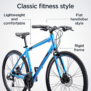 Schwinn Volare 1200 Flat Bar Hybrid Sports Road Bike, Men and Women, 21-Speed, 700c Wheels, 19-Inch Aluminum Frame, Disc Brakes, Matte Blue