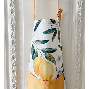 AEKTBY Kitchen Apron with 2 Pockets, Adjustable Neck Strap & Long Ties Apron for Women Men Cooking Baking Garden Chef (Thick Lemon)