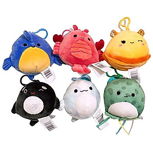 Squishmallows Kellytoy 3.5" Assorted Squad Clip On Keychain Mini Plush Doll (Set 6 Whale Sealife Squad)