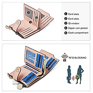 FOXLOVER Small Wallet for Women, Faux Leather Ladies Cute Zipper Purses Wallet with ID Window Credit Card Holders Gift Box Packing Womens Designer Signature Monogram Wallets (Brown+pink)