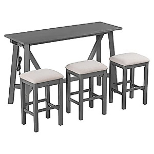 P PURLOVE 4 Piece Dining Table Set with 3 Upholstered Stools, Multipurpose Home Kitchen Dining Bar Table with USB Port and Power Strip for Living Room, Restaurant, Bar, Gray