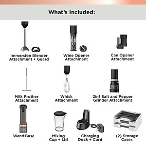 BLACK+DECKER Kitchen Wand Cordless Immersion Blender, 6 in 1 Multi Tool Set, Hand Blender with Charging Dock, Grey (BCKM1016KS01)