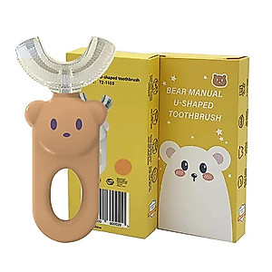 lewedo Kids U-Shaped Toothbrush 2 Pcs, 360 All Around U Shaped Toothbrush, Liquid Silicone U-Shaped Cartoon Kids Brush for Age 2-6, Brown & White