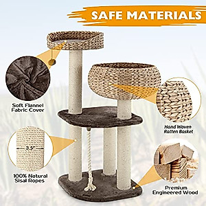 Tangkula Modern Cat Tree for Indoor Cats, Small/Tall Cat Tree with Natural Sisal Scratching Post, Hand-Made Wicker Cat Condo & Top Perch, Funny Hanging Toy Ball, Cute Cat Tree Tower for Large Cats