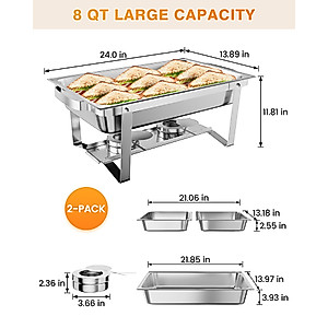 Takywep Chafing Dish Buffet Set 2 Pack, 8 QT Stainless Steel Chafer Buffet Food Servers and Warmers Set with Water Pan for Weddings, Parties, Banquets, and Catering