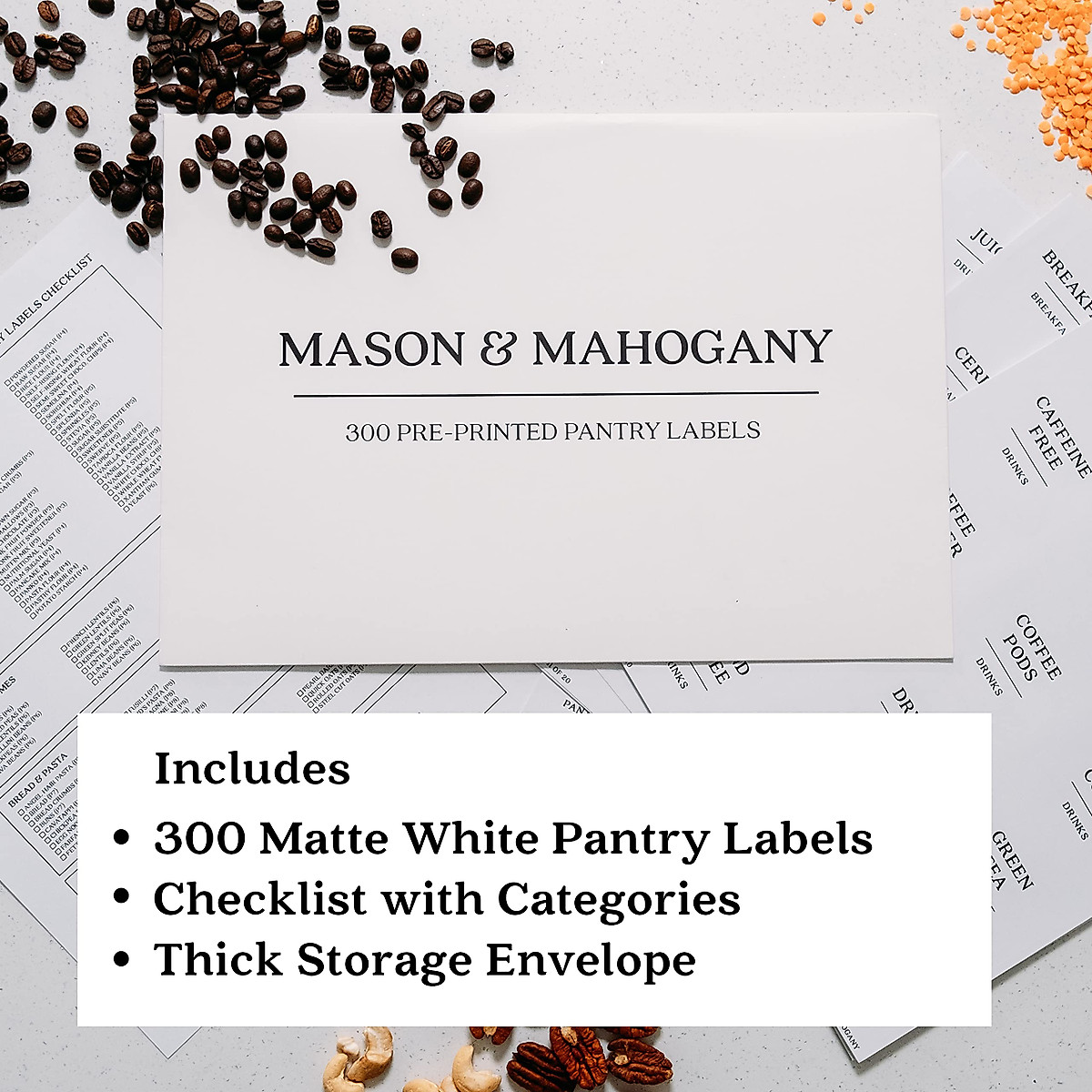 Mason & Mahogany 300 Pantry Labels for Food Containers, Kitchen Labels for Containers, Food Labels for Containers, Organization Labels for Storage Bins, Container Labels, Minimalist Labels