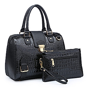Dasein Women Barrel Handbags Fashion Satchel Bags Top Handle Shoulder Purses Vegan Leather Work Tote (Crocodile Black)