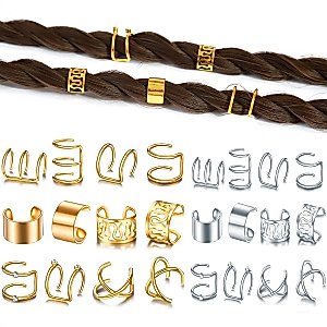24 Pcs Gold Silver Hair Braids Dreadlock Non-Piercing Ear Clip Beard Beads Cuffs Clip Hair for Women Men Hair Accessories Styling Jewelry Tools