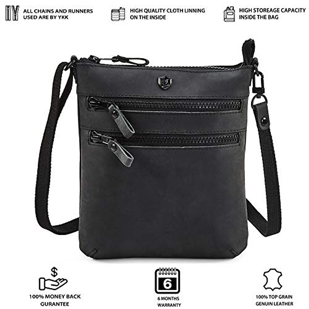 Cochoa Small Triple Zip Real Leather Women's Crossbody- Premium Vintage Crossover Shoulder Sling Bag (8" x 7" x 1.5", Black Crazy Horse)
