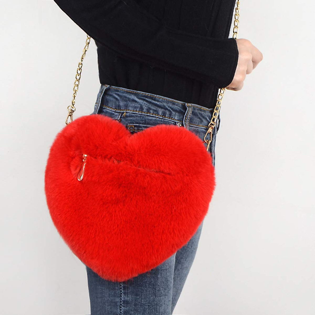 Heart Bag Cellphone Purse Plush Heart Shaped Crossbody Bag with Chain Cute Fluffy Shoulder Bag for Women Ladies- Red Heart Purse