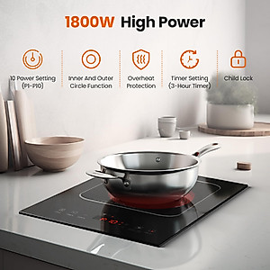 VEXMAECY Portable Countertop Burmer,Built-in Ceramic Cooktop,Electric Hot Plate Single Burner With Double Rings,Touch Electric Stove With Safety Lock,3H Timer,10 Power Levels For Home Cooking 1800W