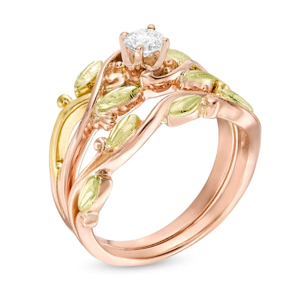 10k Rose and Yellow Gold, Foliage Diamond Engagement and Wedding Ring Set, 12k Green Black Hills Gold Size 9