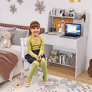 SFDOU Childrens Computer Desk with Drawers and Storage Shelf, White Kids Desk and Chair Set for 5-12 Year Old, Kids Study Table with Charging Station-7hSUl3