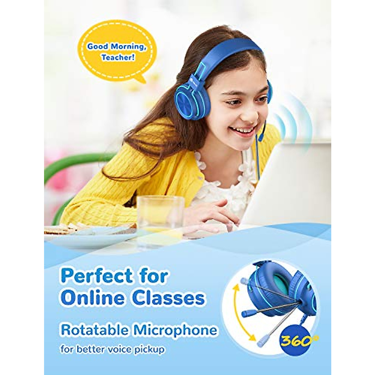 iClever HS21 Kids Headphones with Microphone for Virtual School- Rotatable Extendable Mic - 94 dB Volume-Safe Headphones for Kids, Wired Foldable Kids Gaming Headset for PS4/Xbox One/Switch/PC/Tablet