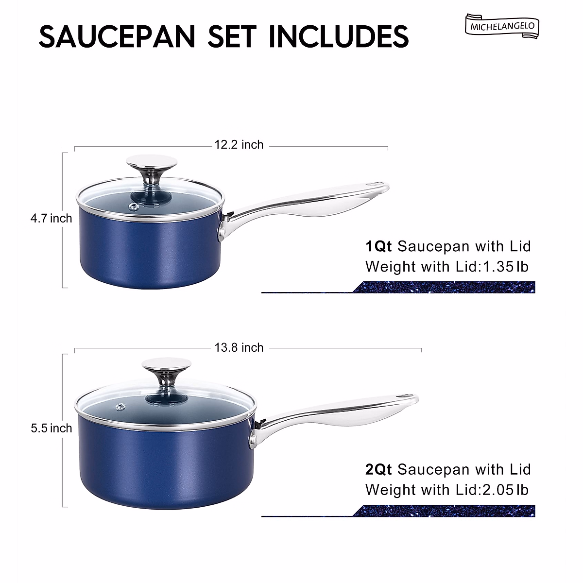 MICHELANGELO Saucepan Set, 1Qt & 2Qt Ceramic Sauce Pan with Lid, Nonstick Saucepans with Lids, Small Pot with Stainless Steel Handle, Oven Safe, Blue