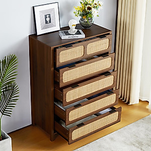 LEVNARY 5 Drawer Chest Dresser, Rattan Tall Dresser 5 Chest of Drawers Dressers for Bedroom, Wooden Storage Cane Cabinet with Metal Handles for Living Room Hallway (Walnut)