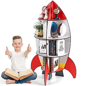 Lineshading Space Rocket Bookshelf Kids 4 Tier Wooden Toy Storage Organizer Display Cabinet Bookshelf Baby Toddler Book Shelves Book Rack for Girl Boy Playroom Classroom Nursery Living Room