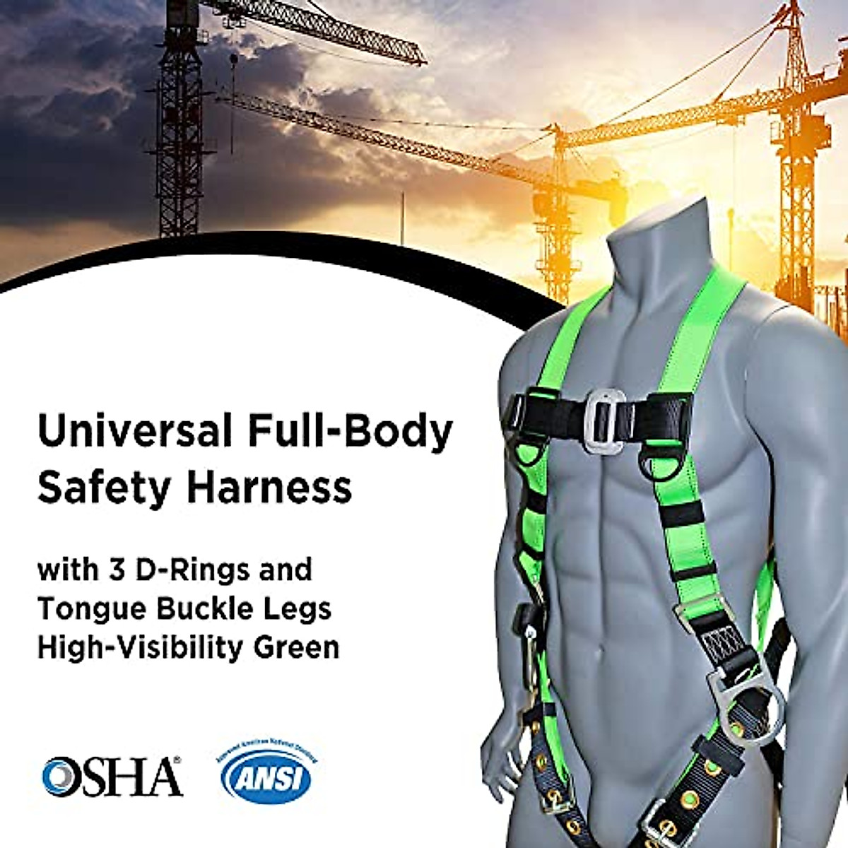 AFP Universal Full-Body Fall Protection Safety Harness w/ 3 D-Rings and Tongue Buckle Legs| Roofer, Construction, Scaffolding PPE (OSHA/ANSI Compliant) (Harness, 1 Pack)