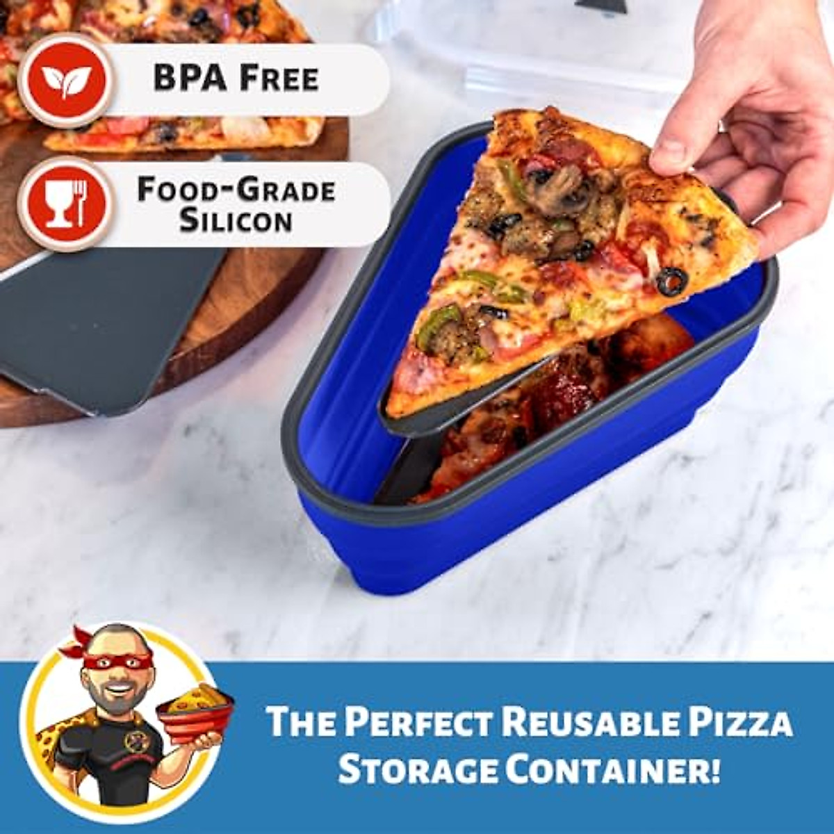 PIZZA PACK The Perfect Reusable Pizza Storage Container with 5 Microwavable Serving Trays - BPA-Free Adjustable Pizza Slice Container to Organize & Save Space, Blue 2pk
