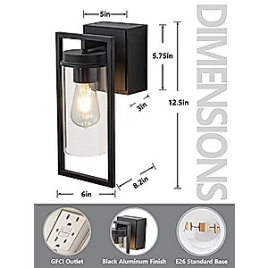 OUPAVOCS Outdoor Lights with GFCI Outlet, Modern Porch Lights Waterproof, Exterior Light fixture with Outlet plug, Black Wall Sconce Wall Mount with Clear Glass, Outside Patio lights for House, Garage