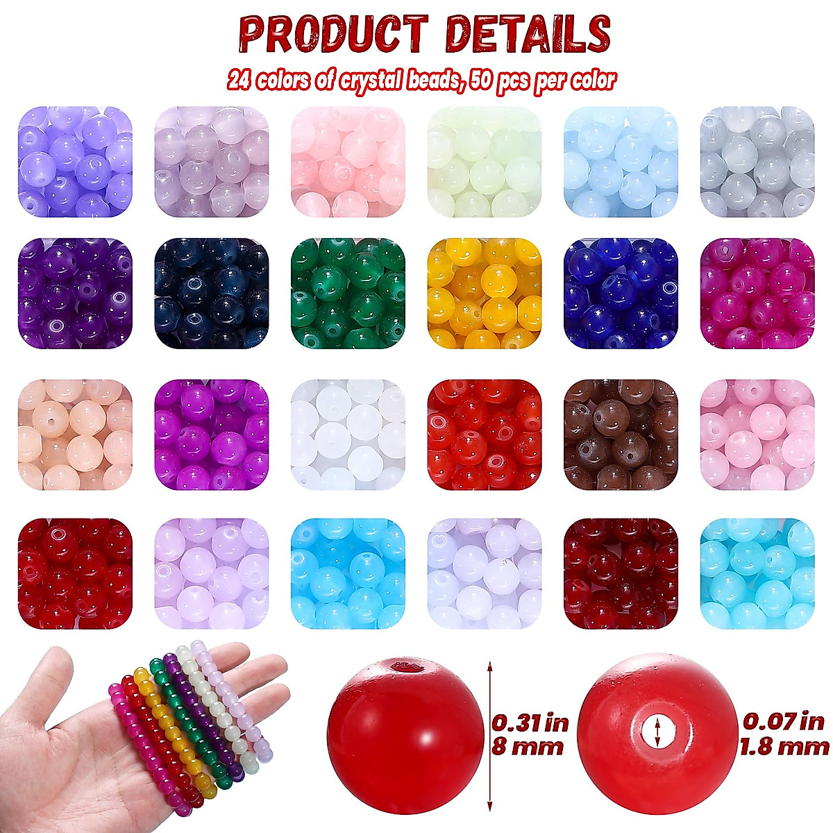 St.Kunkka 600 Pcs 8mm Glass Beads for Jewelry Making DIY Crafts, 24 Colors Round Crystal Beads Bracelet Making Kit with Small Hole for DIY Bracelet Necklace Earrings (600 Pcs 8mm Glass Beads)