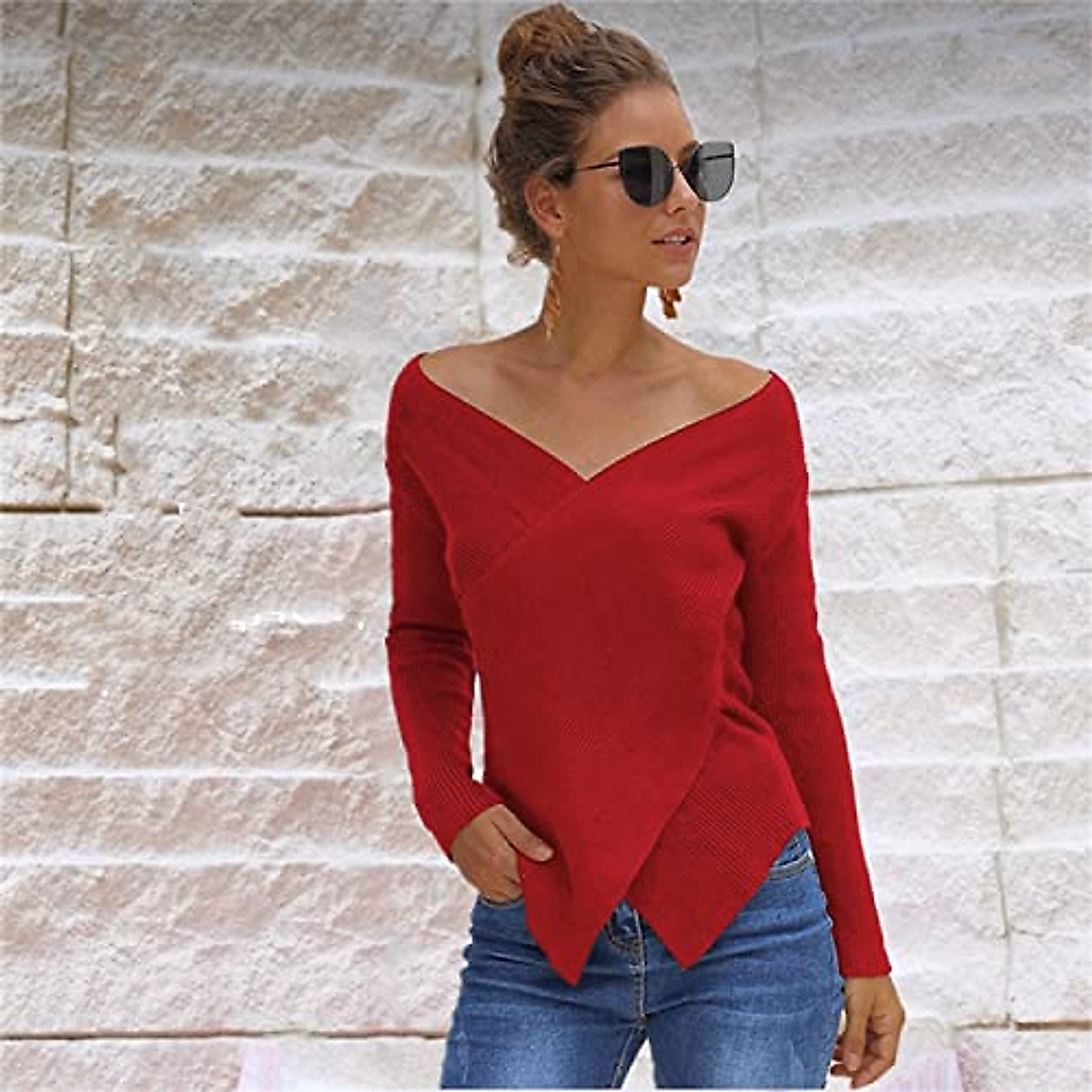 Women's V-Neck Wrap Slim Sweater Criss Cross Wrap Long Sleeve Pullover Tops Asymmetric Hem Knitted Crop Solid Pullover (Red,Large)