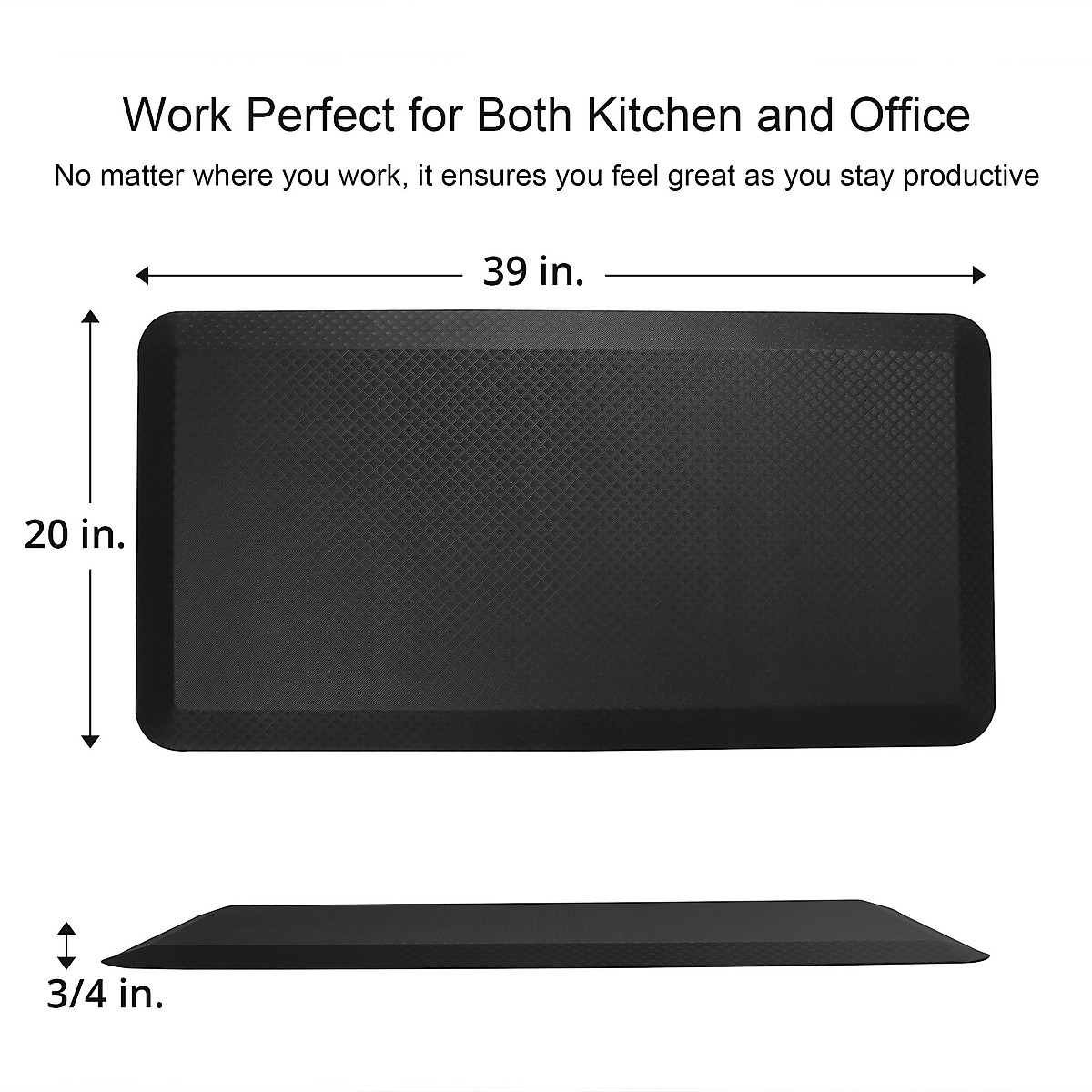 FLEXISPOT Standing Desk Mat 20 in x 39 in Non-Slip Comfort Pad Kitchen Floor Mat Cushioned 3/4" Anti-Fatigue Mats for Standup Desks Kitchens Garages, Black