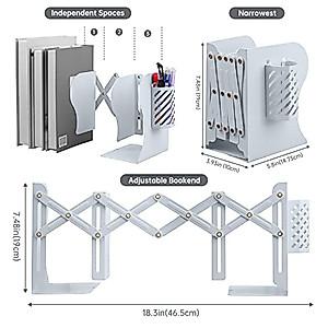 Adjustable Bookends, Metal Bookends for Heavy Books, Shelves, 2 Dividers, Expandable Book Organizer with Pen Holder for Desk, Office (19 inches Max) for 6 7 8 9-15 Boys, Girls, White