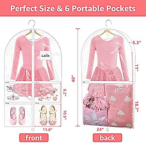 SDAWIN 40'' Clear Kids Dance Costume Garment Bags for Dancers with 6 pockets, PVC Waterproof 3.3" Gussetes for Girls and Boy Travel Clothes Organizer, 2 pack