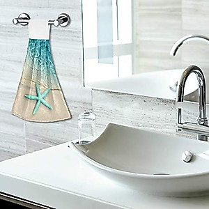 KOCOART Ocean Beach Starfish Kitchen Hand Towels Sea Water Hanging Tie Towel Dishcloths with Loop 2PCS, Soft Super Absorbent Fingertip Towel for Bathroom Laundry Room 12x17 in