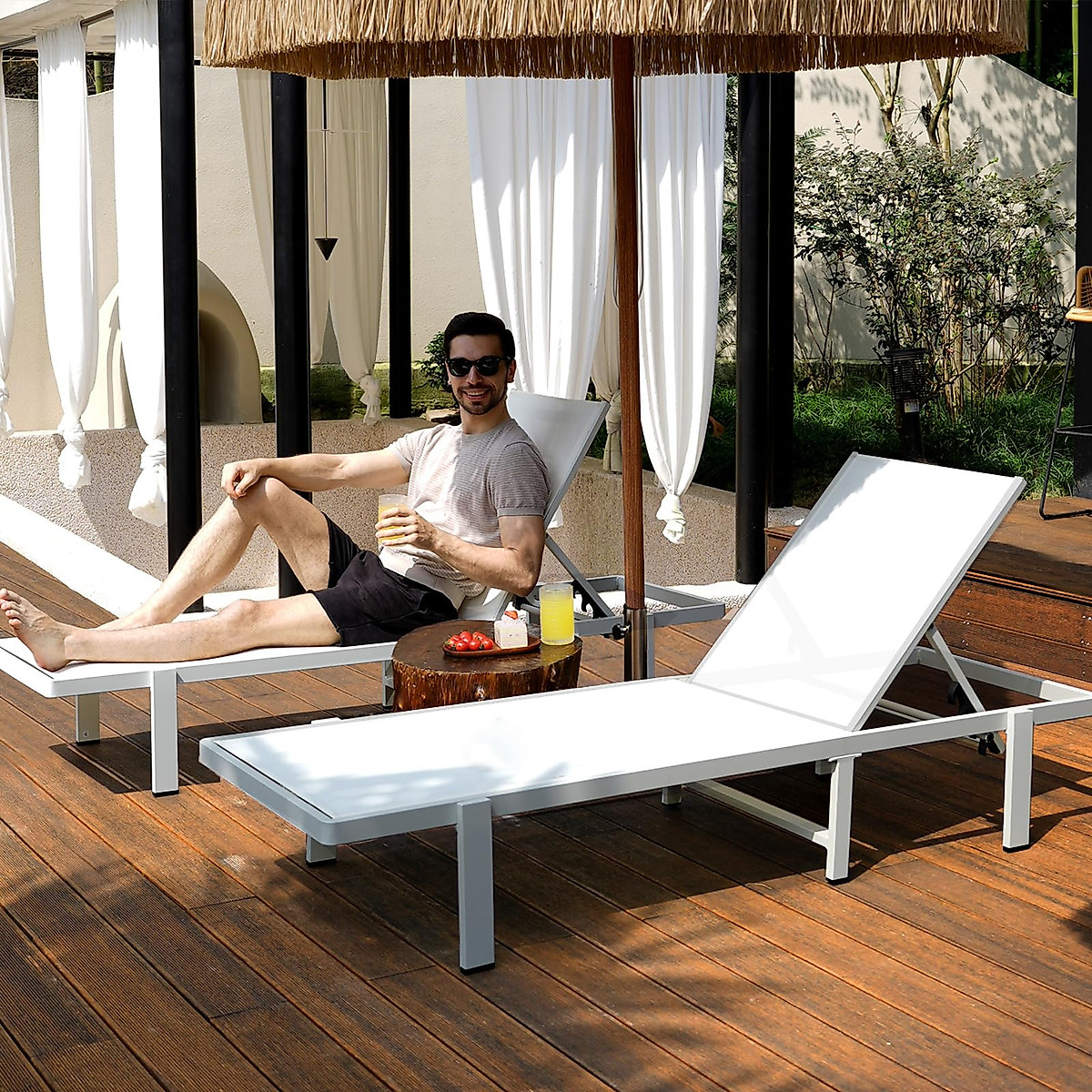 Aluminum Chaise Lounge Chair Outdoor, Patio Lounge Chair with Adjustable 5-Position Recliner and Full Flat Tanning Chair for Patio, Beach, Pool, White