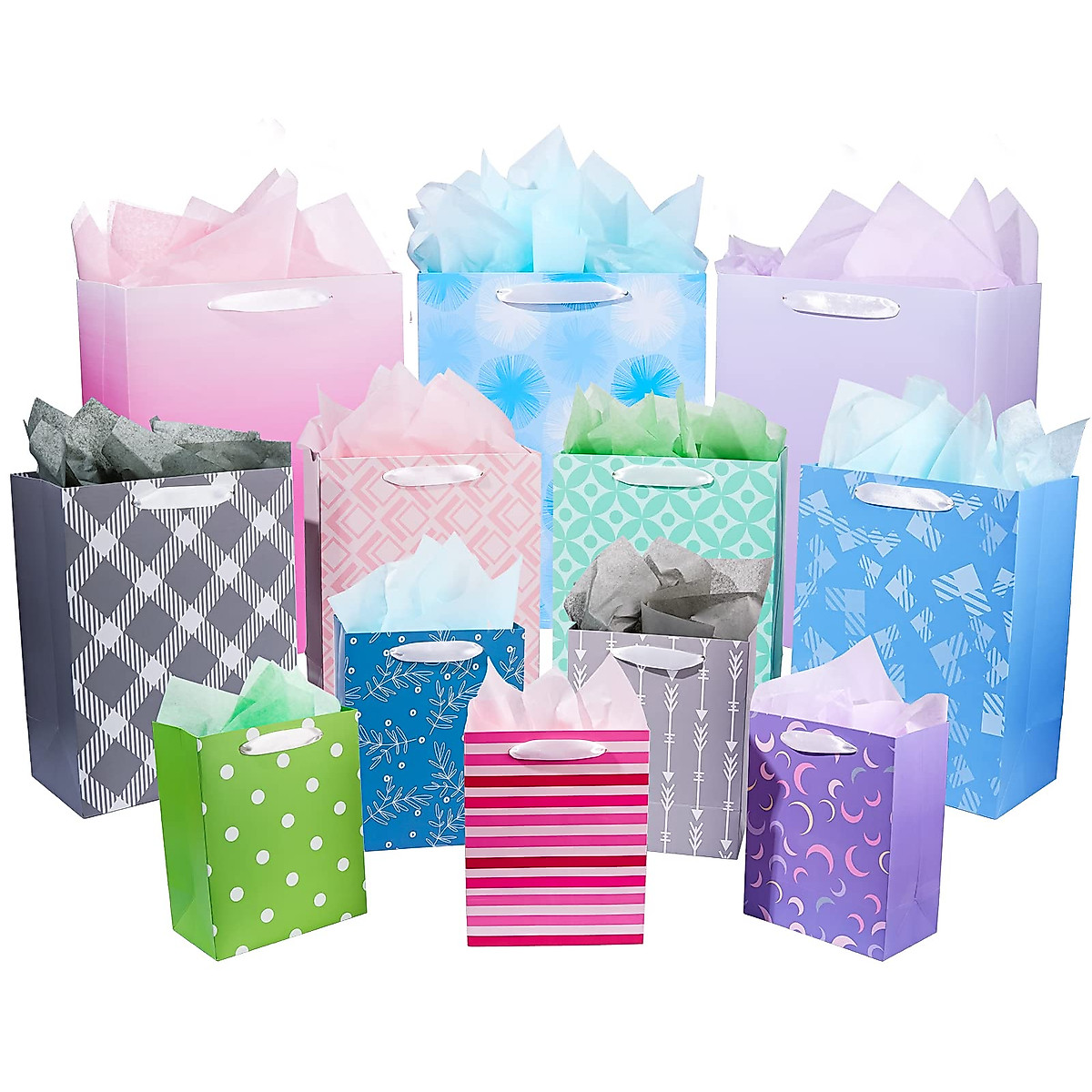 12 Pack Gift Bags Assorted Sizes and Designs, Gift Bags Bulk with Tissue Paper (5 Medium 8", 4 Large 11", 3 Extra Large 14") for Birthday, Baby Showers, Bridal Showers, Easter Day Any Occasion