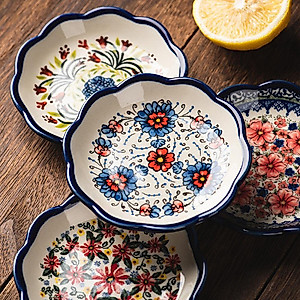 Sizikato 4pcs Porcelain Appetizer Plate, 4-Inch Snack Plate Sauce Dipping Saucer, Exotic Flower Pattern