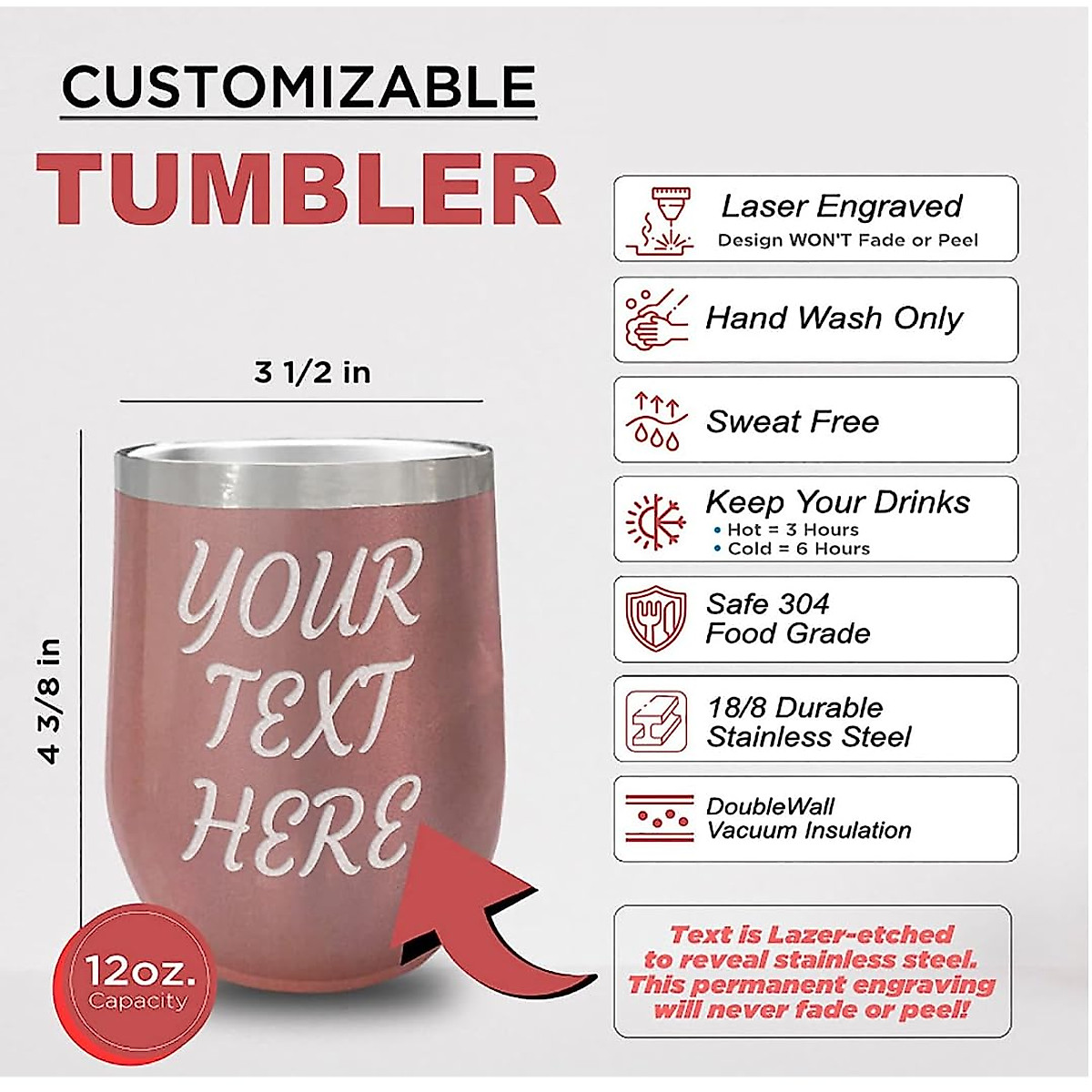 Personalized Your Text & Logo Wine Tumblers 12 oz. Laser Engraved Stainless Steel Vacuum Insulated Travel Mug with Lid, Custom Birthday Gift for Him, Her