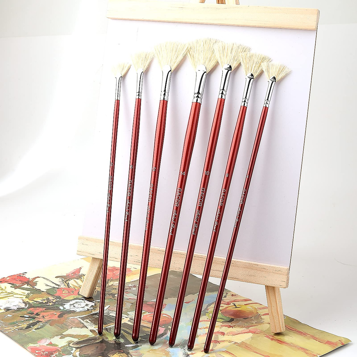 GACDR Fan Brush for Painting, 7 Pieces Fan Brush Set with Hog Bristle Natural Hair and Long Wood Handle, Professional Artist Fan Brushes for Acrylic Painting,Oil Watercolor Painting