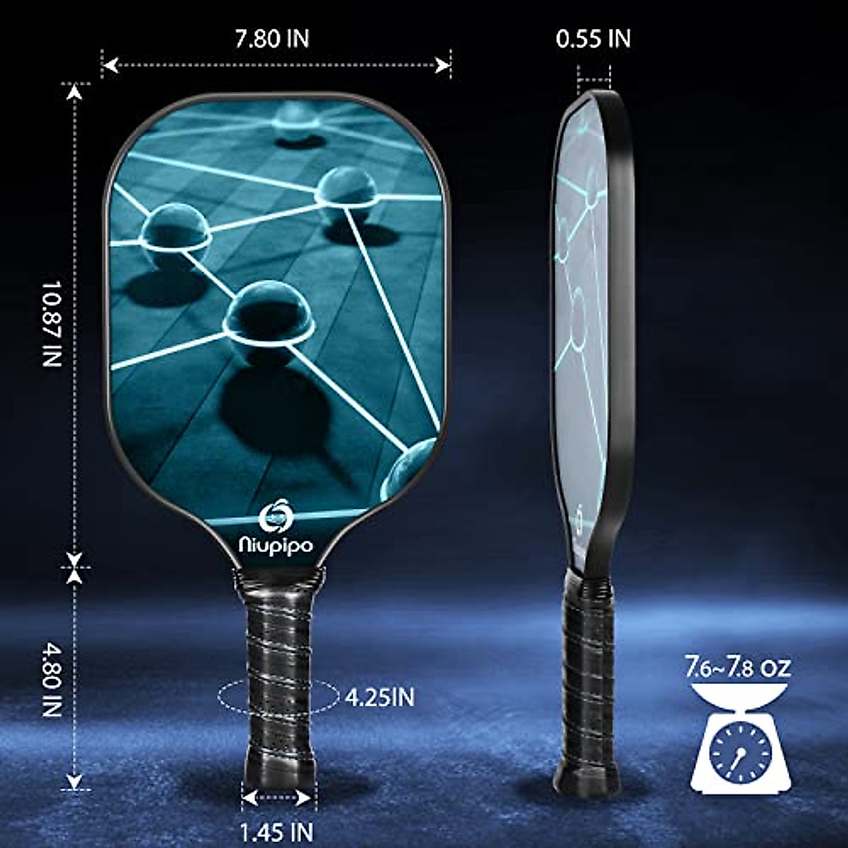 niupipo Pickleball Paddle, Composite Pickleball Racket Polypropylene Honeycomb Core Fiberglass Face Ultra Cushion 4.8In Grip 7.62oz with Pickleball Paddles Cover, USAPA Pickleball Paddle, Blue Paddle