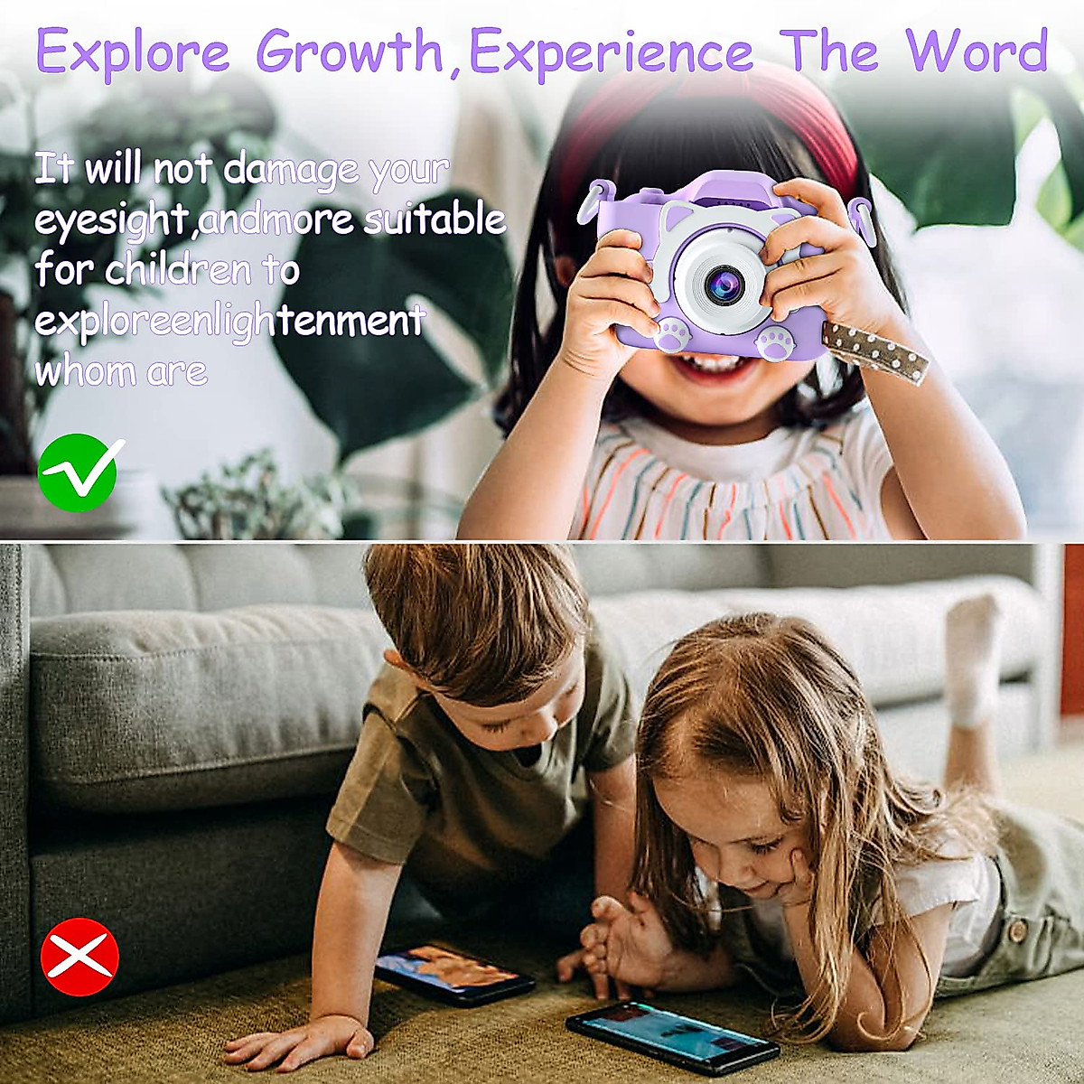 Kids Camera for Girls/Boys, 3-9 Year Old Toys for Girls/Boys, Christmas Birthday Gift for Age 6-9 Girls/Boys Kids Digital Dual Camera, Selfie Camera for Kids, 32GB Memory Card(Purple)