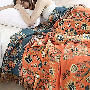 Y-PLWOMEN Boho Throw Blanket - 100% Cotton Soft Bohemian Queen Quilt Blanket for Bed, Orange Floral Reversible Throw Blanket for Couch Sofa Chair, 90"x98" Farmhouse Throw Blanket for All Season