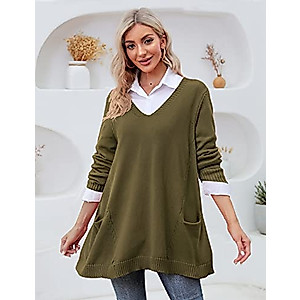 YESNO Women's Sweater with Swing Hem Oversized 2022 Long Sleeve V Neck Knit Pullover Tops Tunic Sweaters with Drop Pockets L WM9TYP1 Olive
