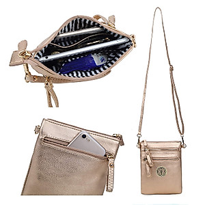 Solene Women's Faux Leather Organizer Multi Zipper Pockets With Detachable Wristlet Crossbody Bag -WU002L (Rose Gold-1)