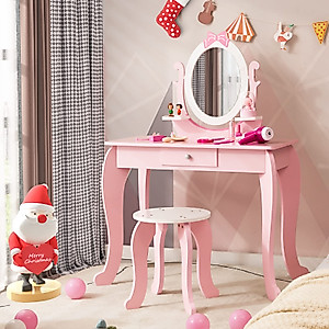 Costzon Kids Vanity Set with Mirror, 2 in 1 Princess Makeup Dressing Table w/Detachable Top, Toddler Vanity with 360° Rotating Mirror, Drawer & Stool, Pretend Play Vanity Set for Little Girls, Pink