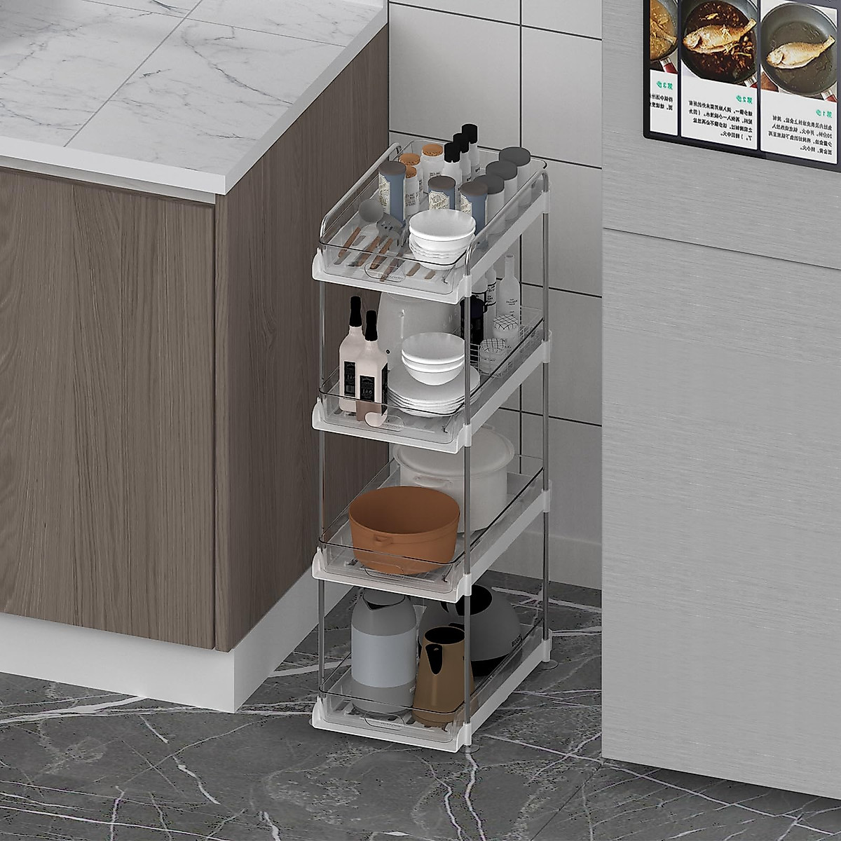 Alwytlon 2 Sets of 2-Tier Under Sink Organizer and Storage, Sliding Bathroom Cabinet Organizer with Hooks, Multi-purpose Pull Out Storage Shelf for Bathroom Kitchen, transparent & White