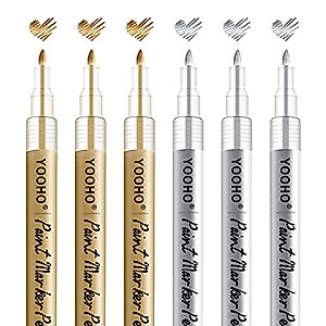 YOOHO Paint Pen Gold Silver Metallic Permanent Acrylic Markers Set for Fabric Glass Rock Wooden Ceramic Leather Tire Painting, 0.7mm Extra Fine Tip (3pcs Gold+3pcs Silver)
